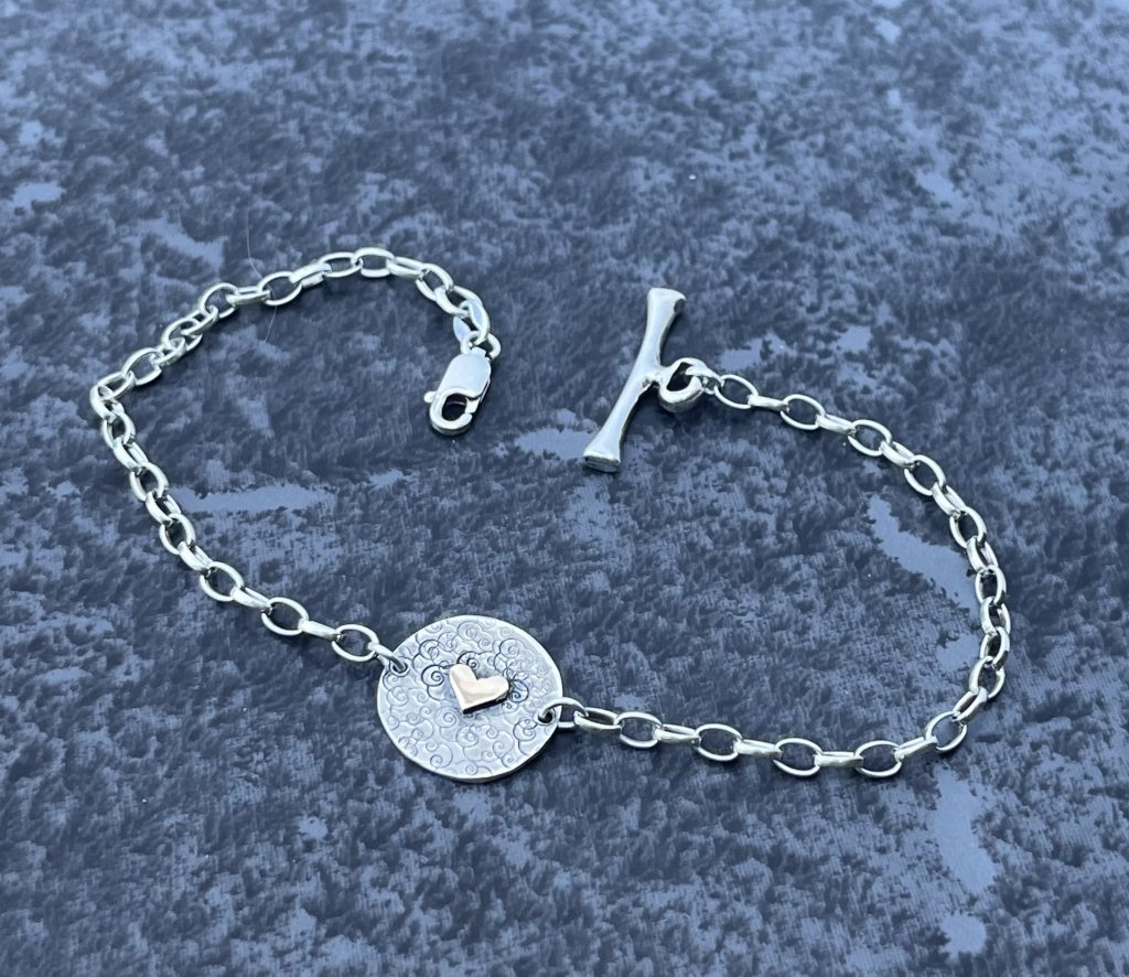 Gold Heart Bracelet, cloud bracelet, silver and gold bracelet, T bar bracelet, charm bracelet ...